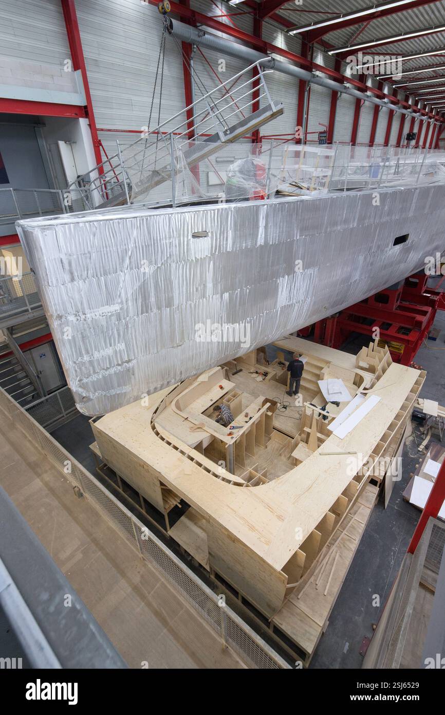 Shipbuilding Industry. Aluminium hull of a super sailing yacht being ...