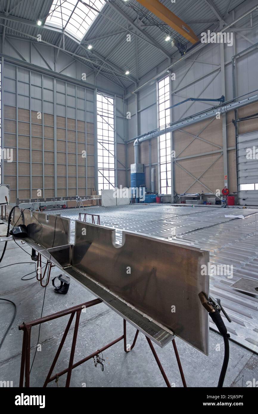 Shipbuilding Industry. Aluminium hull of a super sailing yacht being ...