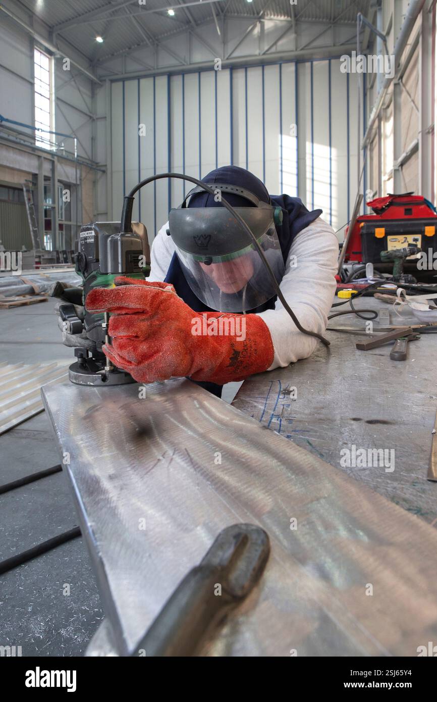 Shipbuilding Industry. Aluminium hull of a super sailing yacht being ...