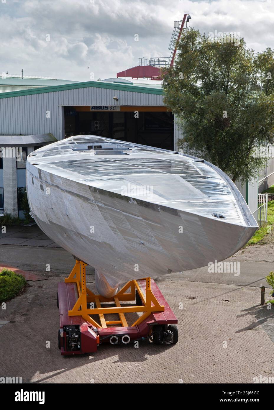 Shipbuilding Industry. Aluminium hull of a super sailing yacht being ...