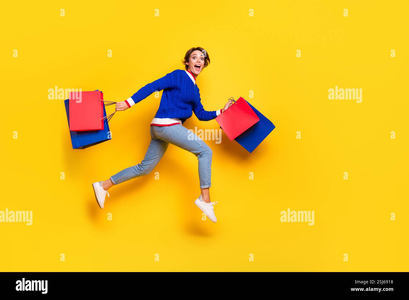 Full length photo of cheerful funny lady dressed sweater running fast ...
