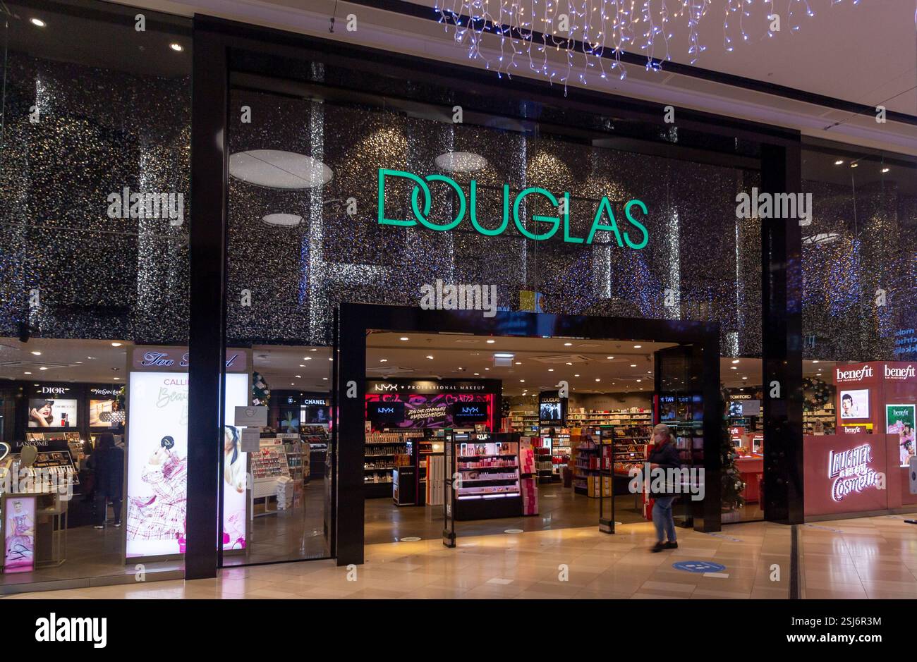 Douglas store front, shop window with illuminated logo in shopping mall ...