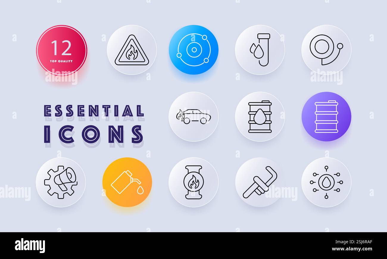 Oil and fuel set icon. Fire hazard, atomic structure, oil drop, fuel ...