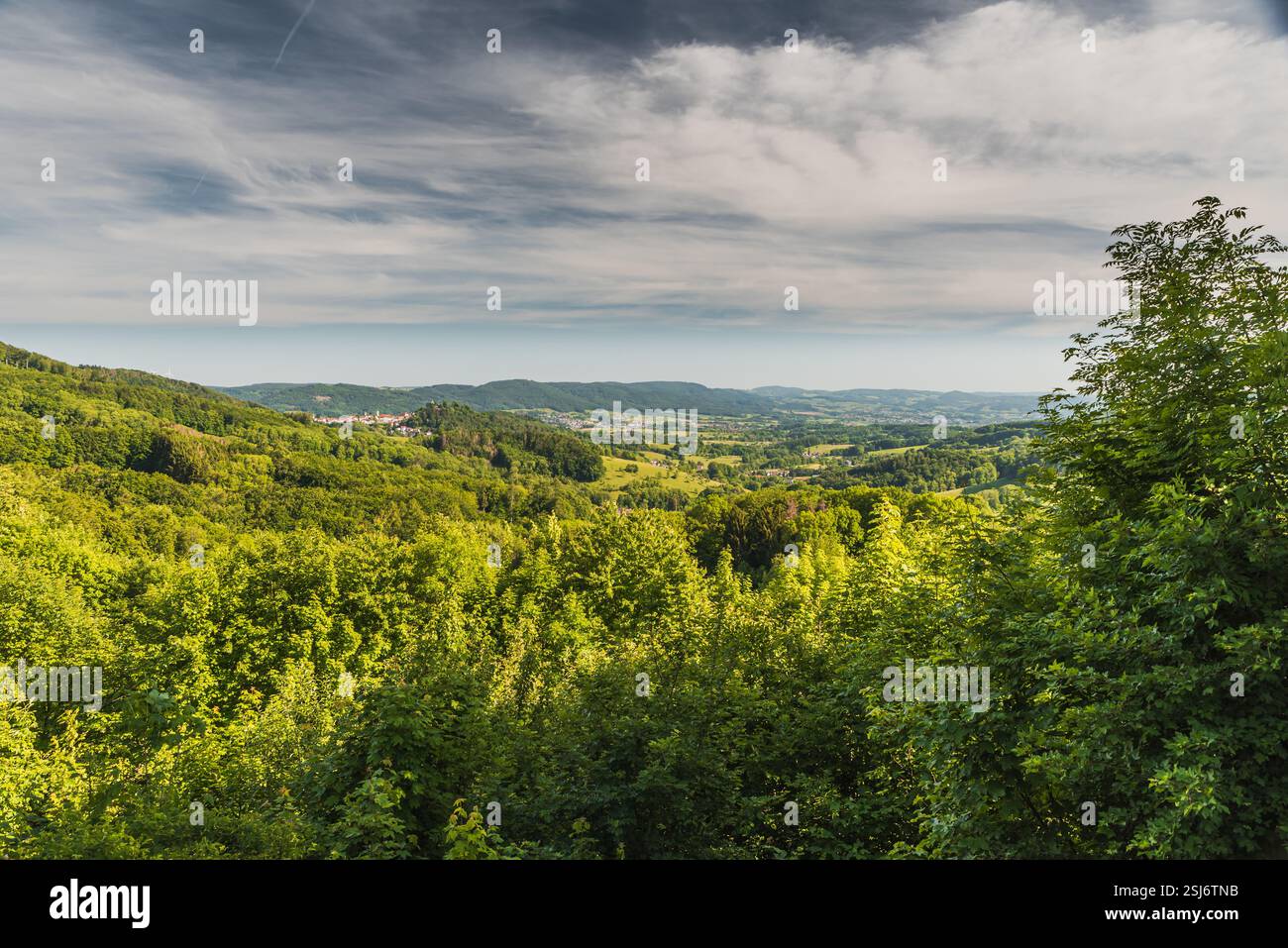 Scenic landscape in the Odenwald, overlooking the town of Lindenfels ...