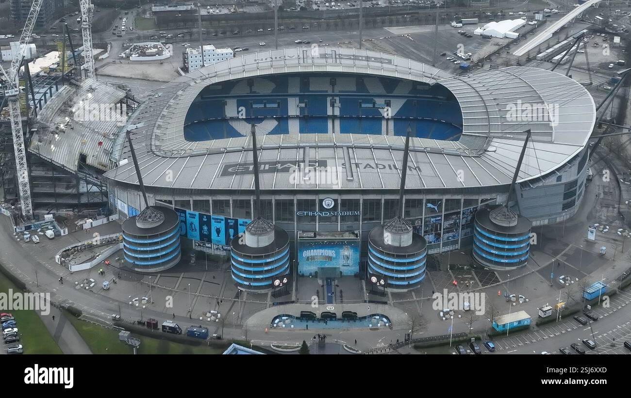 An aerial view of the Etihad Stadium showing construction of North ...