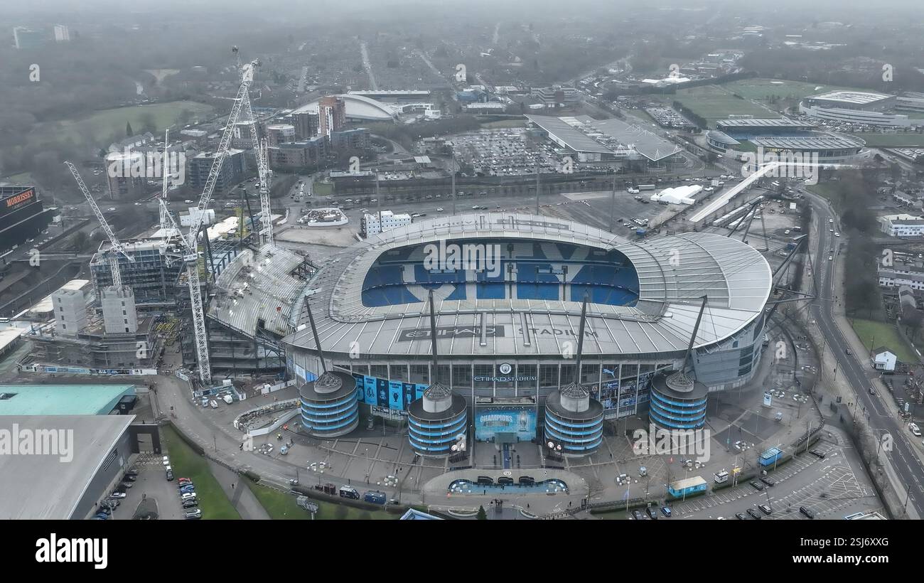 An aerial view of the Etihad Stadium showing construction of North ...