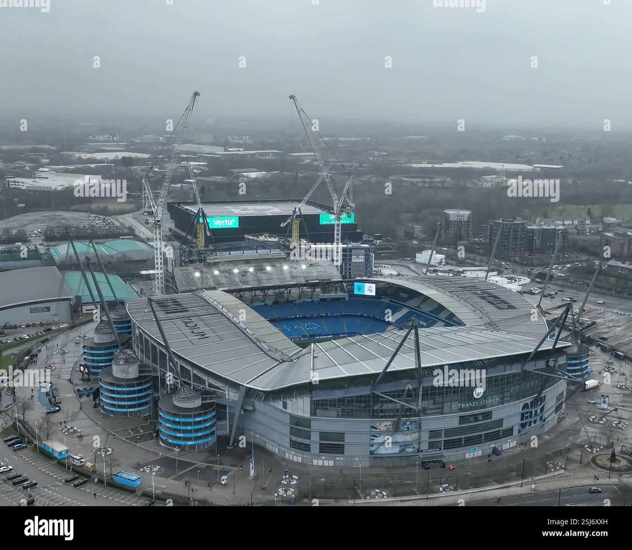 An aerial view of the Etihad Stadium showing construction of North ...