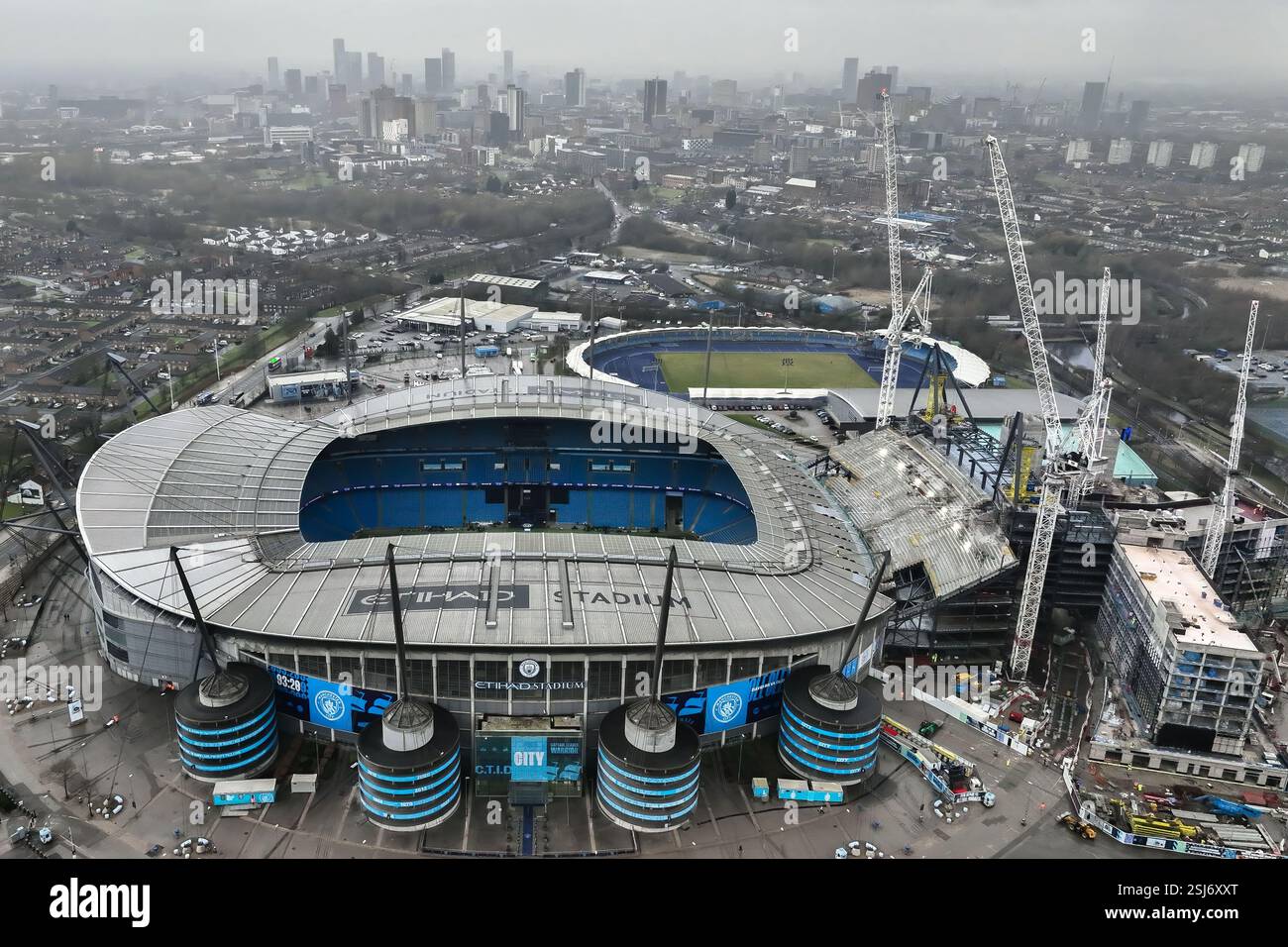 An aerial view of the Etihad Stadium showing construction of North ...