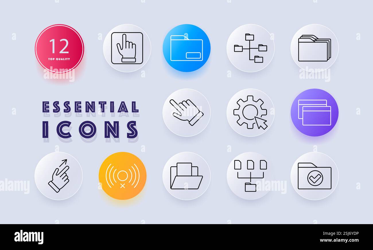 File management set icon. Click action, folder organization, network, document storage, system ...