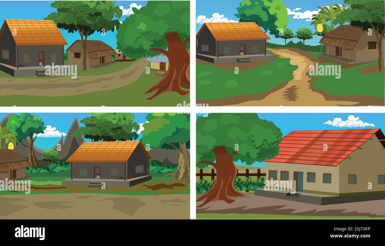 Set of different landscape background.Rural Roadside village background ...