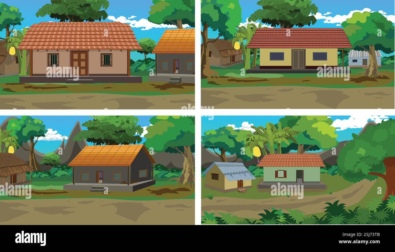 Set of rural village background vector illustration.Countryside house ...