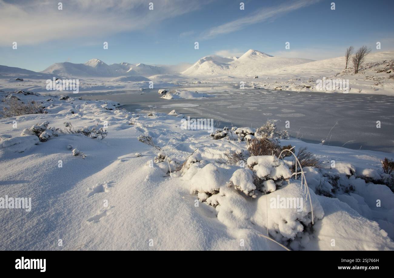A snow covered Black Mount on a frozen Rannoch Moor in the Scottish ...