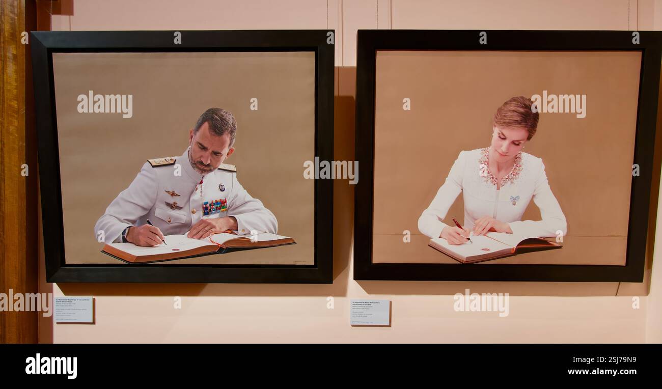 King Felipe VI in Spanish Navy white uniform and Queen Letizia acrylic ...