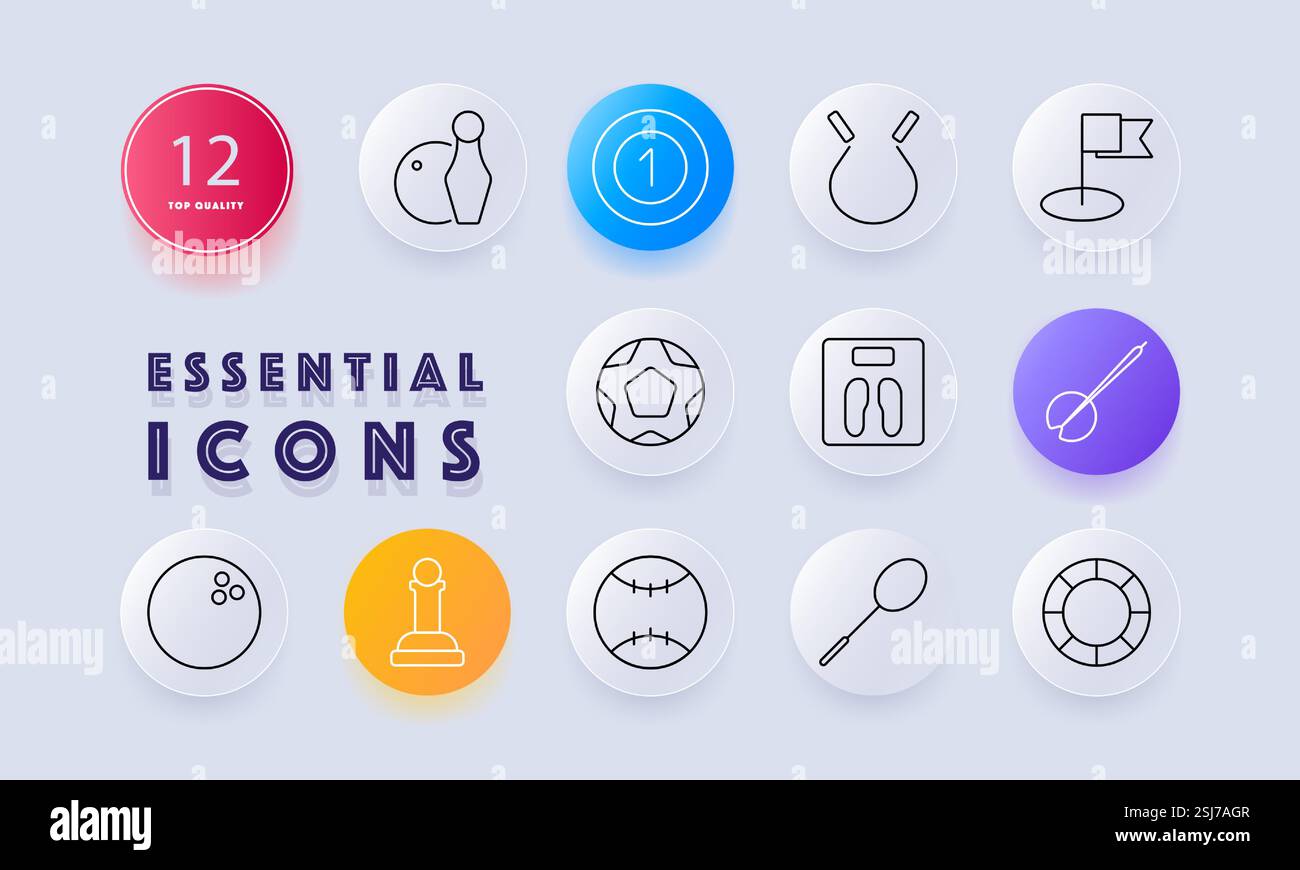 Sports set icon. Bowling, first-place medal, horseshoe, flag, soccer ...