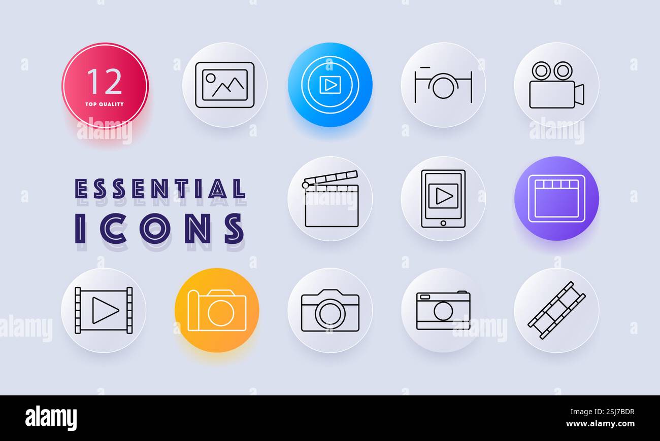 Photography and video set icon. Image, video player, camera ...