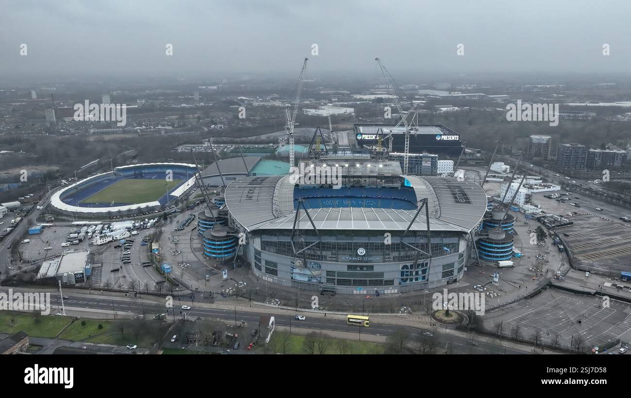 Manchester, UK. 11th Feb, 2025. An aerial view of the Etihad Stadium ...