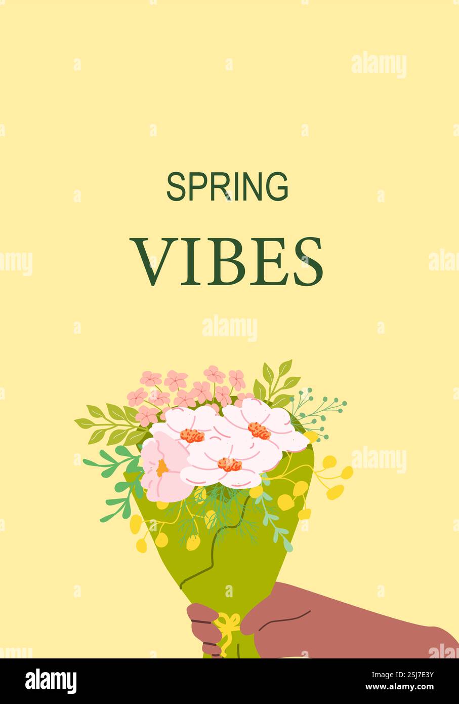 Spring vibes: hand holding bouquet of pink flowers on yellow background ...