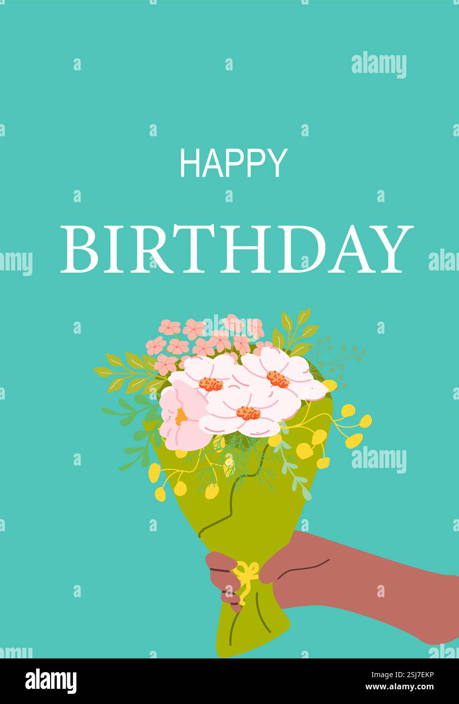 Happy birthday card with bouquet in diverse hand on teal background ...