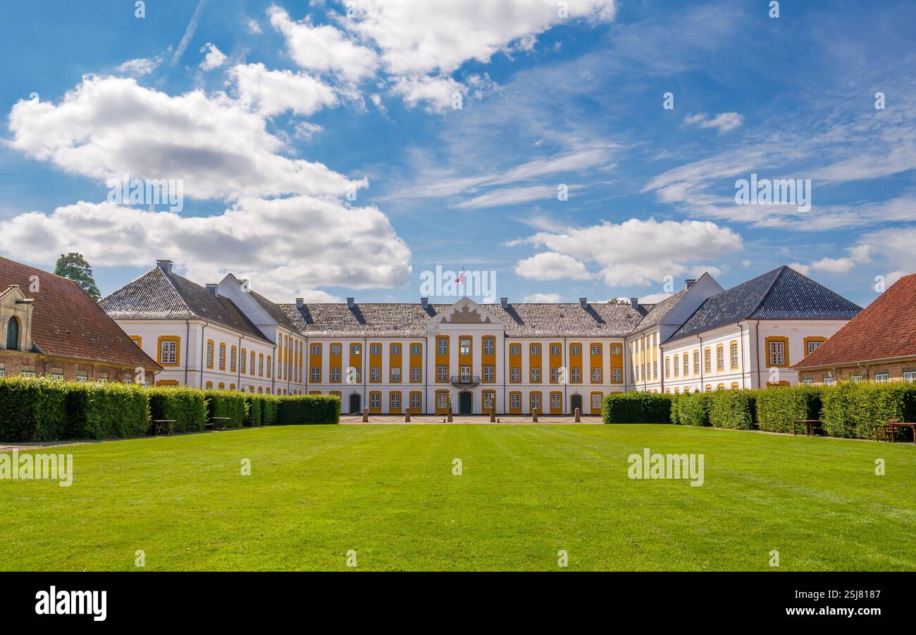View of symmetrical three-winged Baroque facade of Augustenborg Palace ...