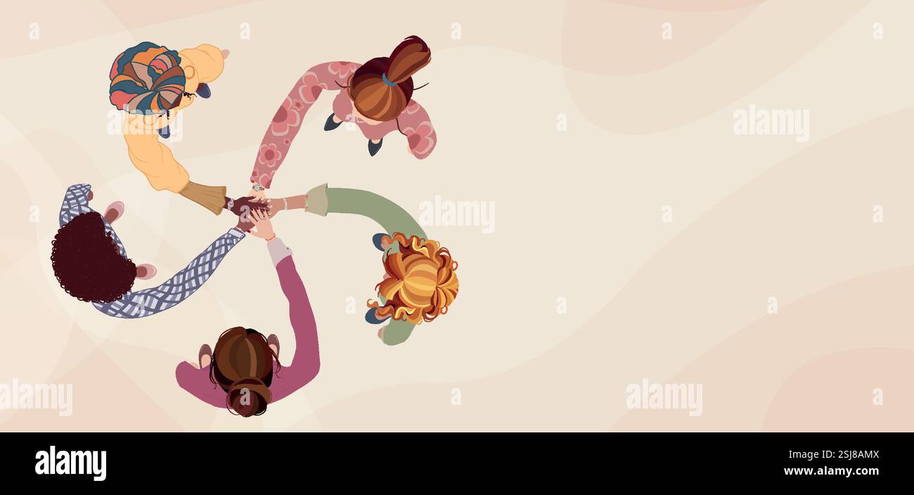Top view of a diverse group of female colleagues in a circle hands ...