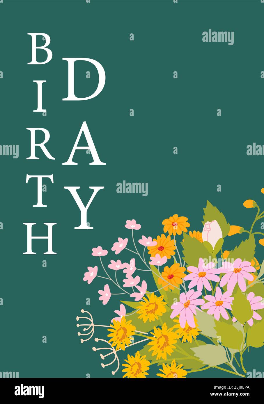 Floral birthday card design with vibrant wildflowers on teal background ...