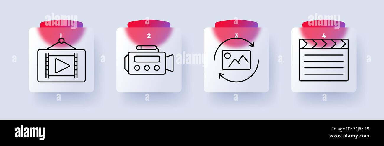 Media production set icon. Video player, camera, image processing ...