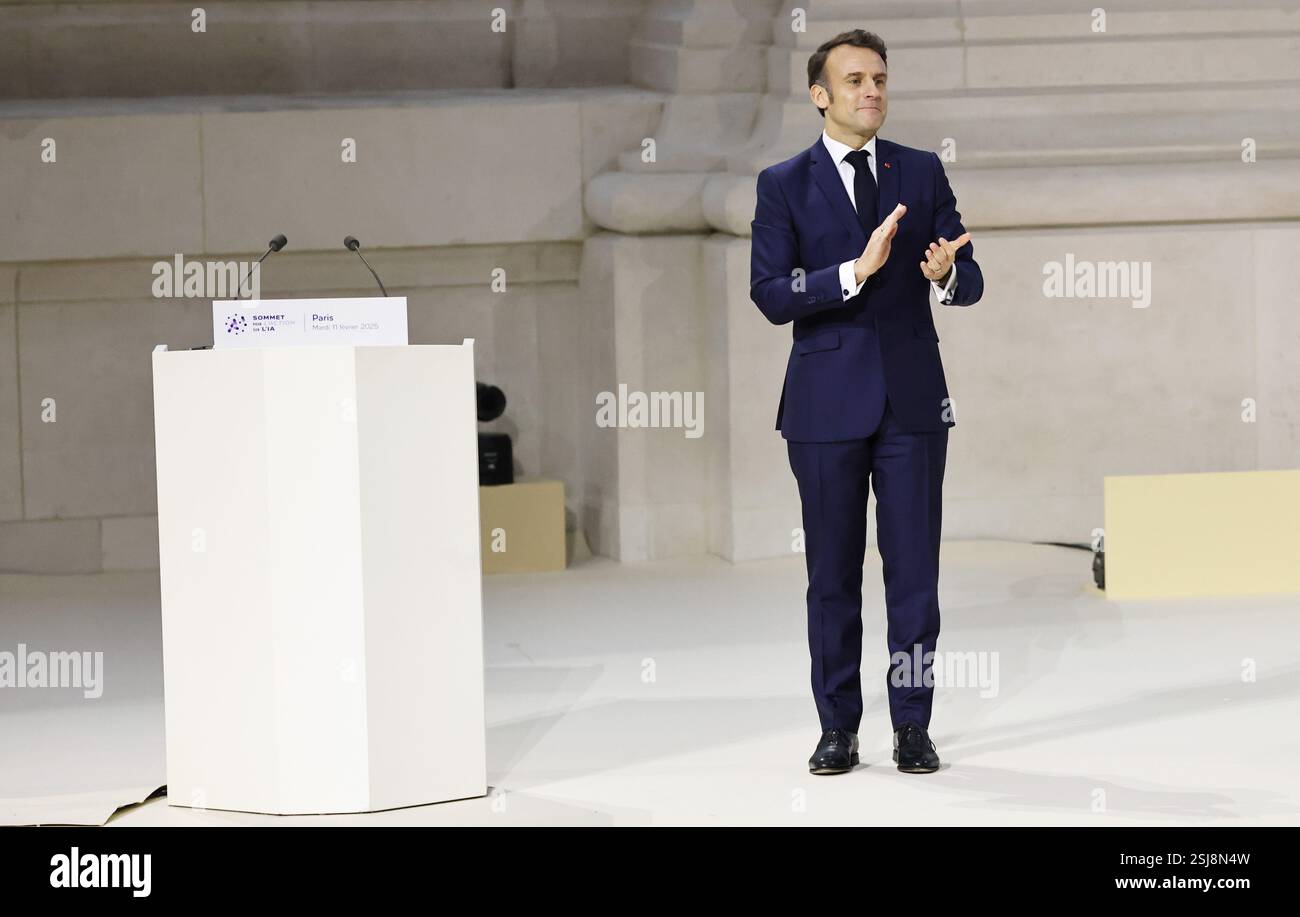 Paris, France. 11th Feb, 2025. French President Emmanuel Macron reacts ...