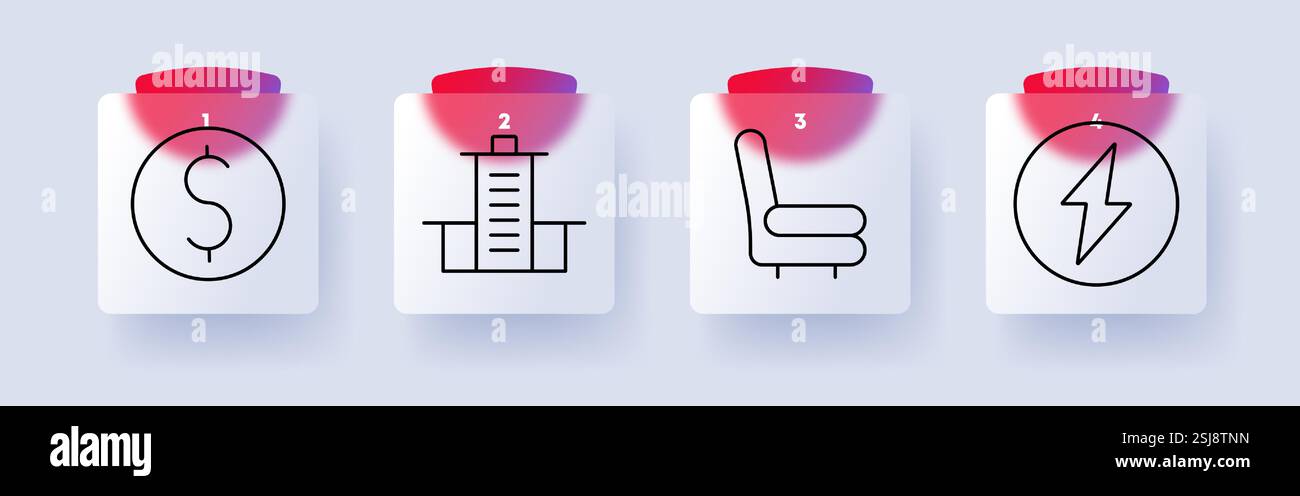 Finance and infrastructure set icon. Currency, bank building, armchair ...