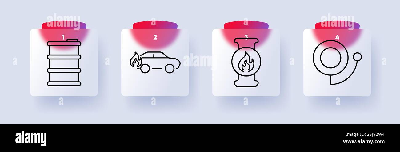 Fire safety and fuel set icon. Oil barrel, burning car, gas heater ...