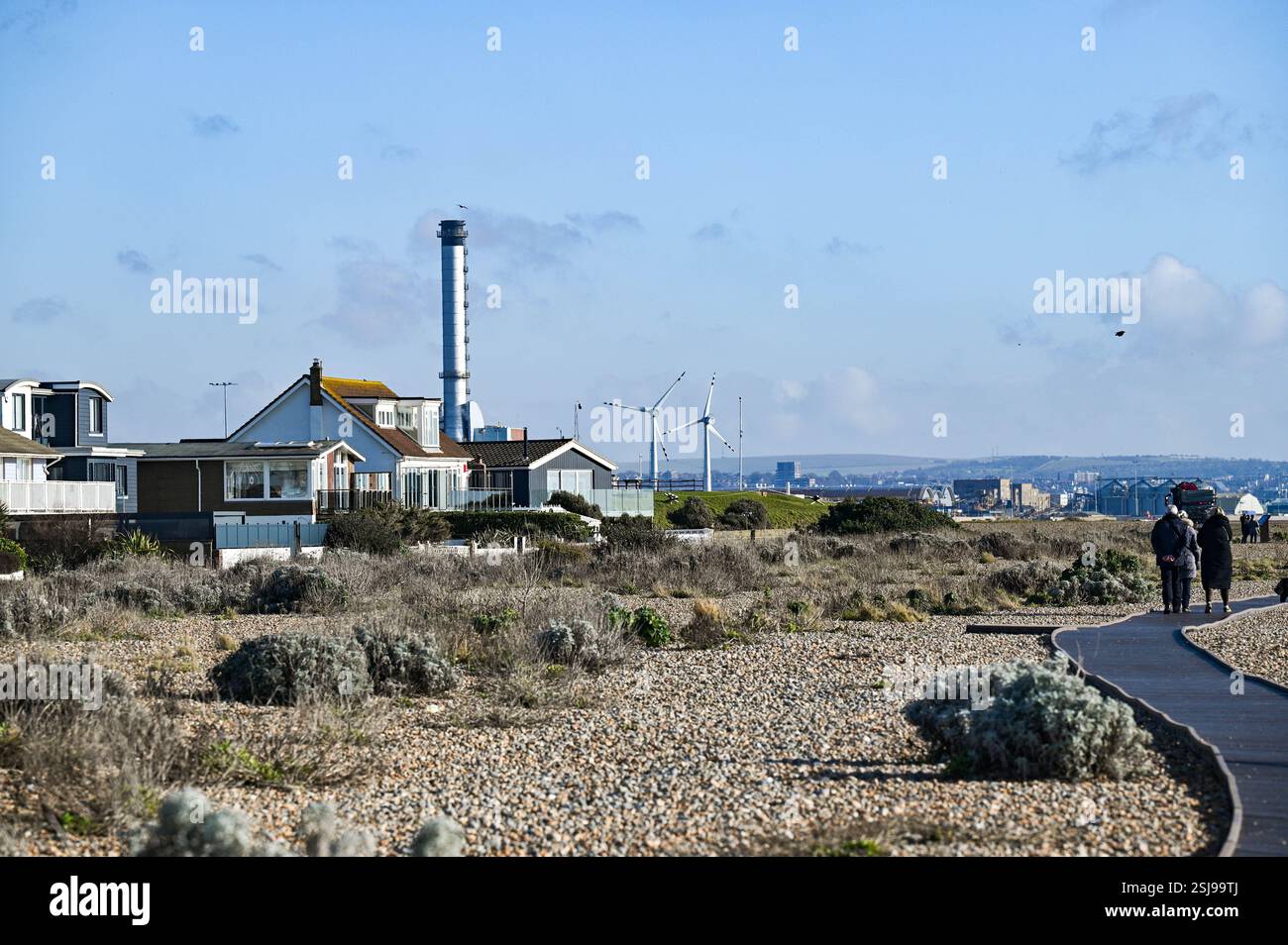Shoreham Beach boardwalk in Sussex near Brighton UK with the power ...