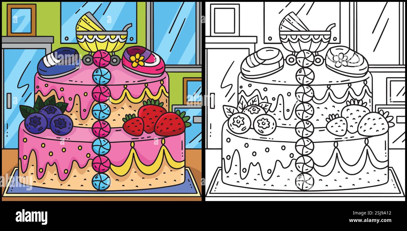 Baby Shower Cake Coloring Page Illustration Stock Vector Image & Art ...