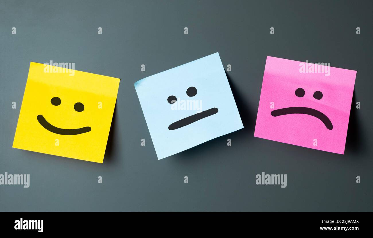 Three sticky notes display cheerful, neutral, and sad smiley faces ...