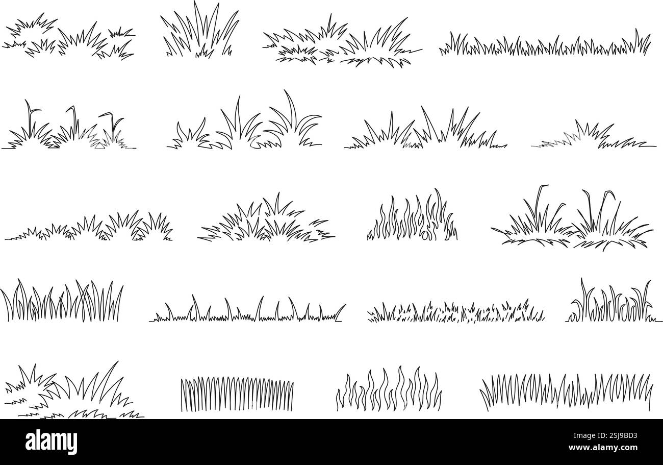 Linear grass doodle. Hand drawn lawn tufts, sketch greenery lines and ...