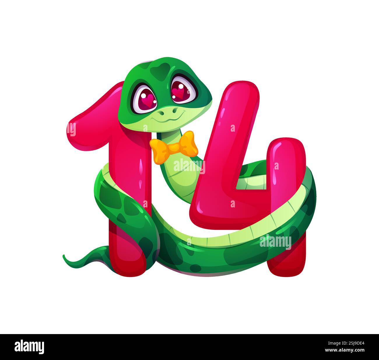 Funny cute snake with valentines day number 14. Isolated cartoon vector ...