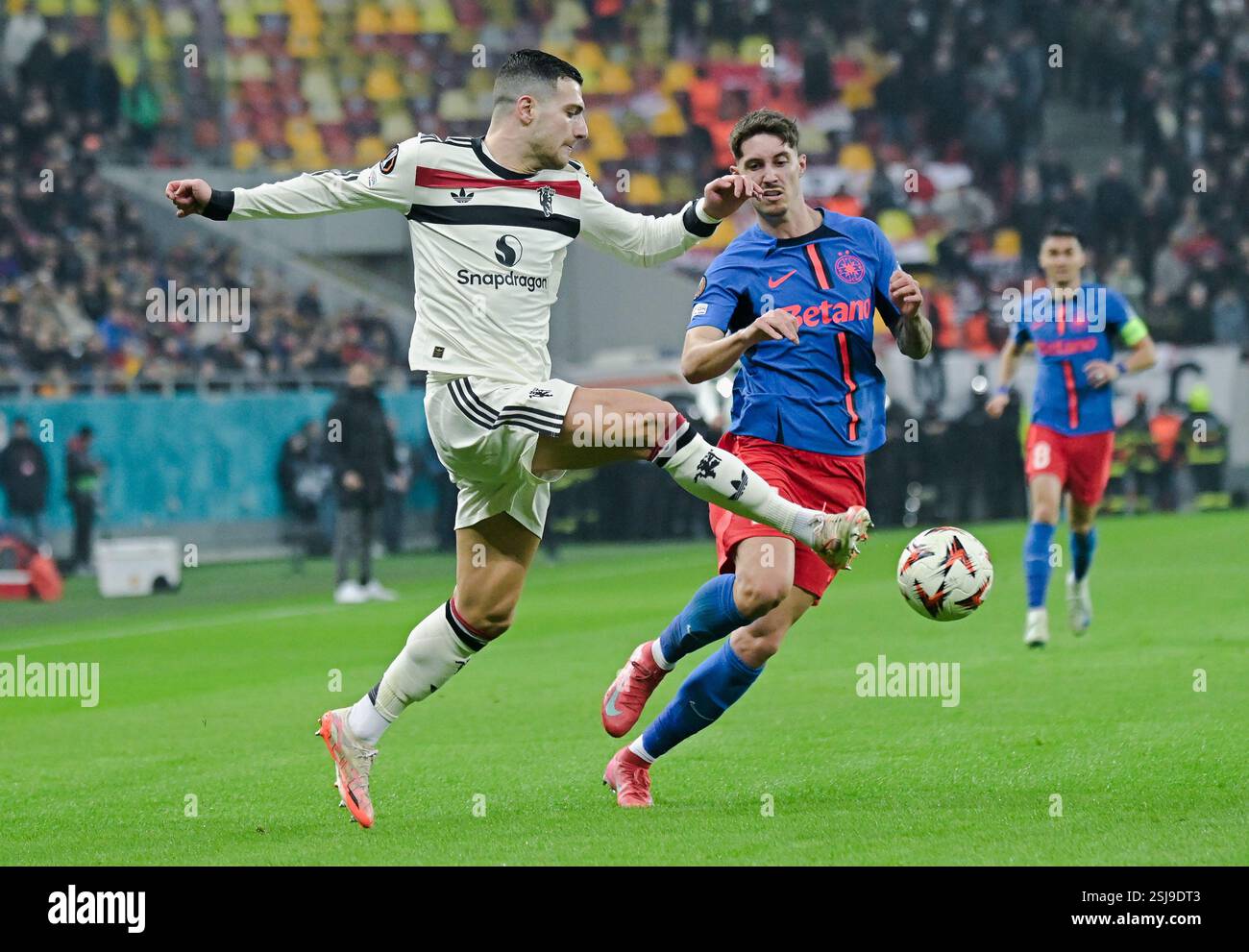 Diogo Dalot (Man Utd) and David Miculescu (FCSB) pictured during the ...