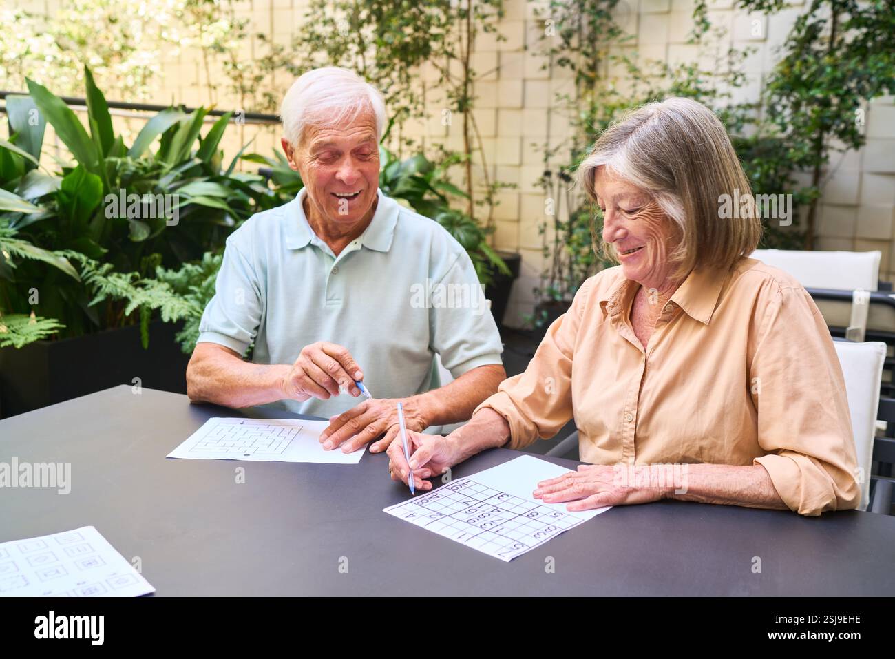 A happy senior man and woman engage in mentally stimulating activities ...