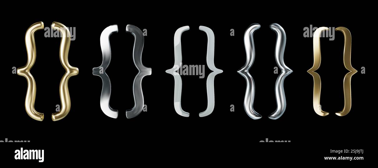 Metallic brackets. Golden curly braces, shiny silver and chrome metal ...