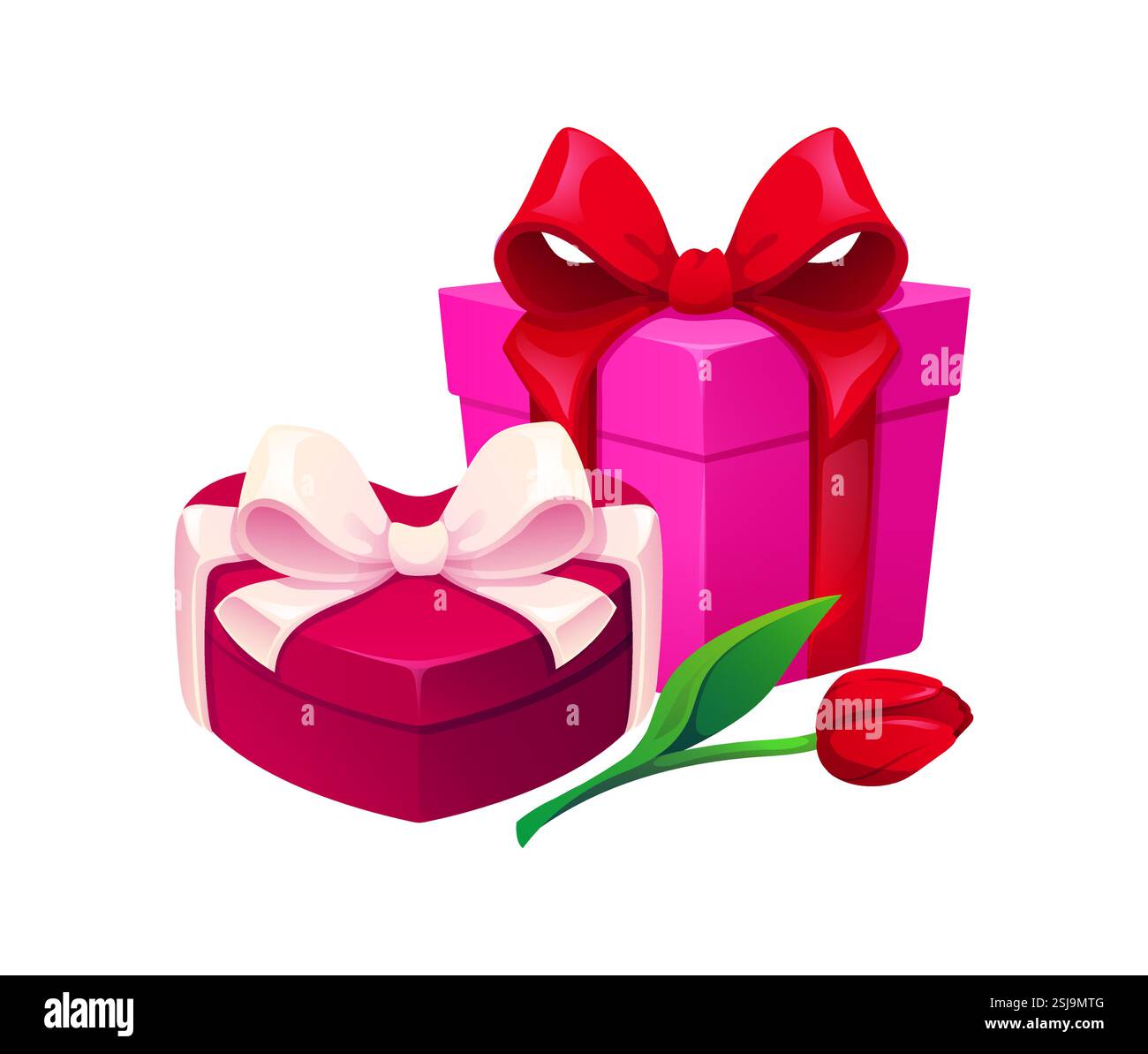 Valentines day gift boxes and a tulip flower. Cartoon pink and red ...