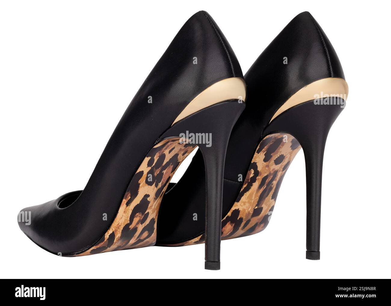 Black High Heels with Gold and Leopard Print Accents Side View Stock ...