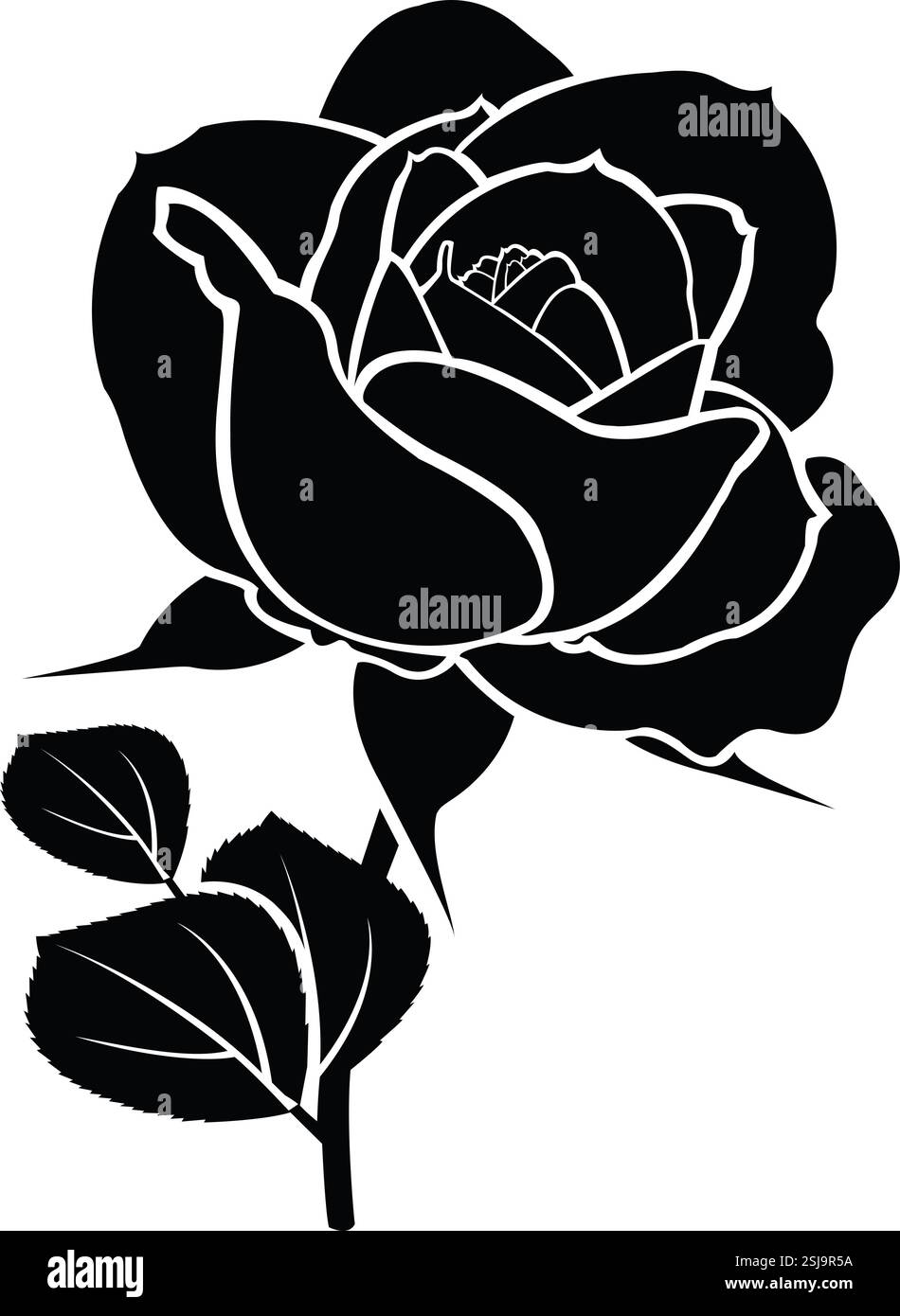 Vector black silhouette of a rose flower with stem isolated on a white ...