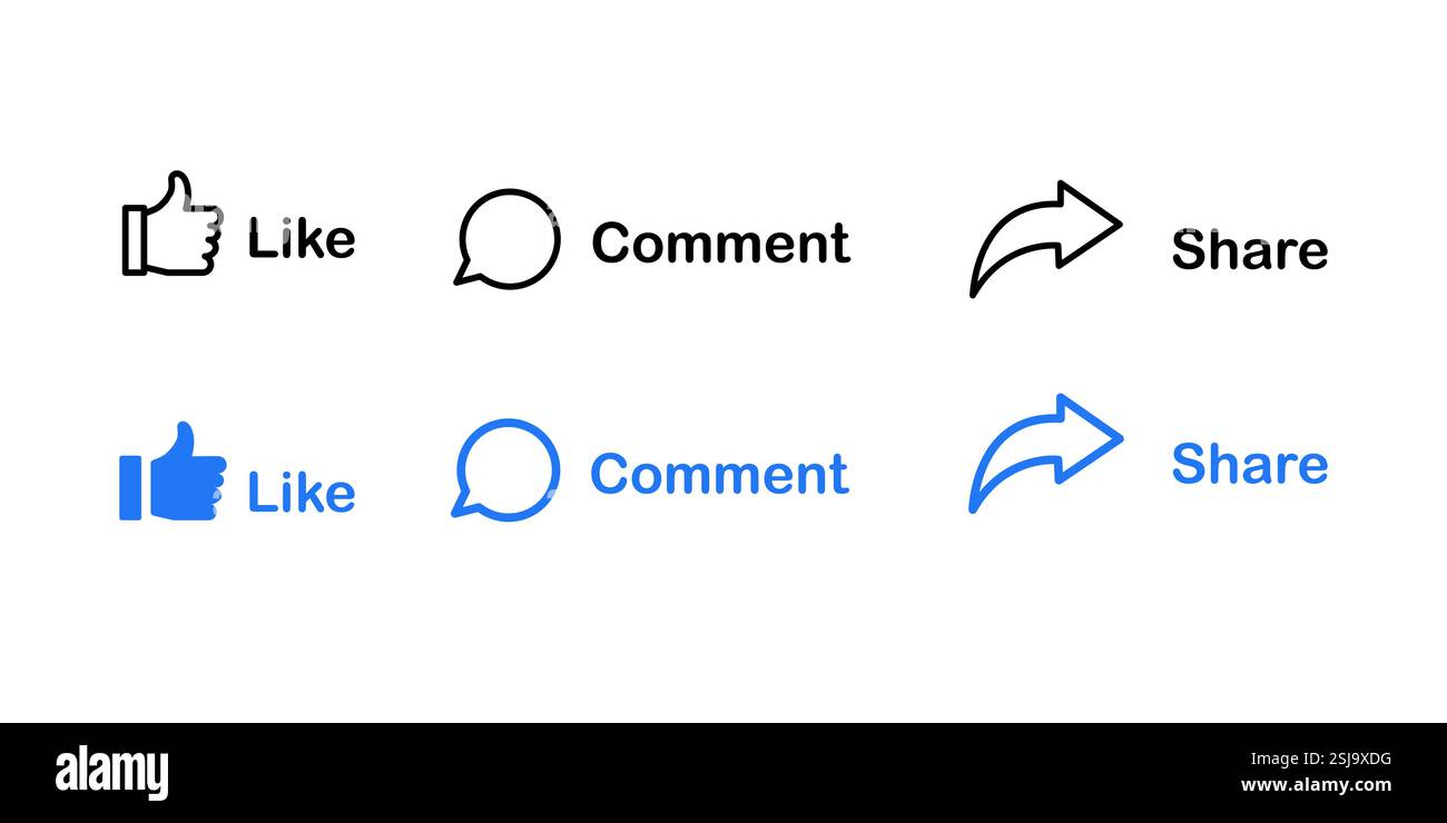 Like, Share and comment icons buttons set with black and blue color. Social media icons set flat ...