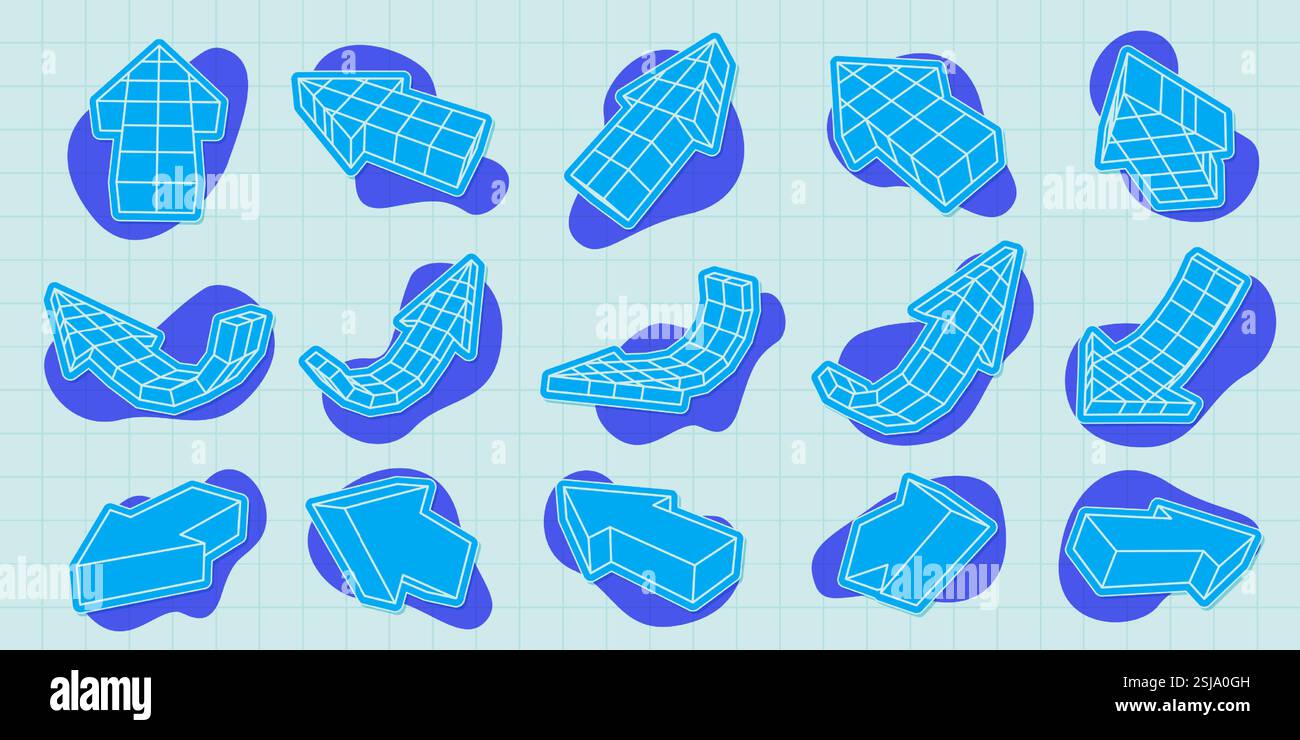 Arrow 3D wireframes. Futuristic grid arrows in various directions and ...