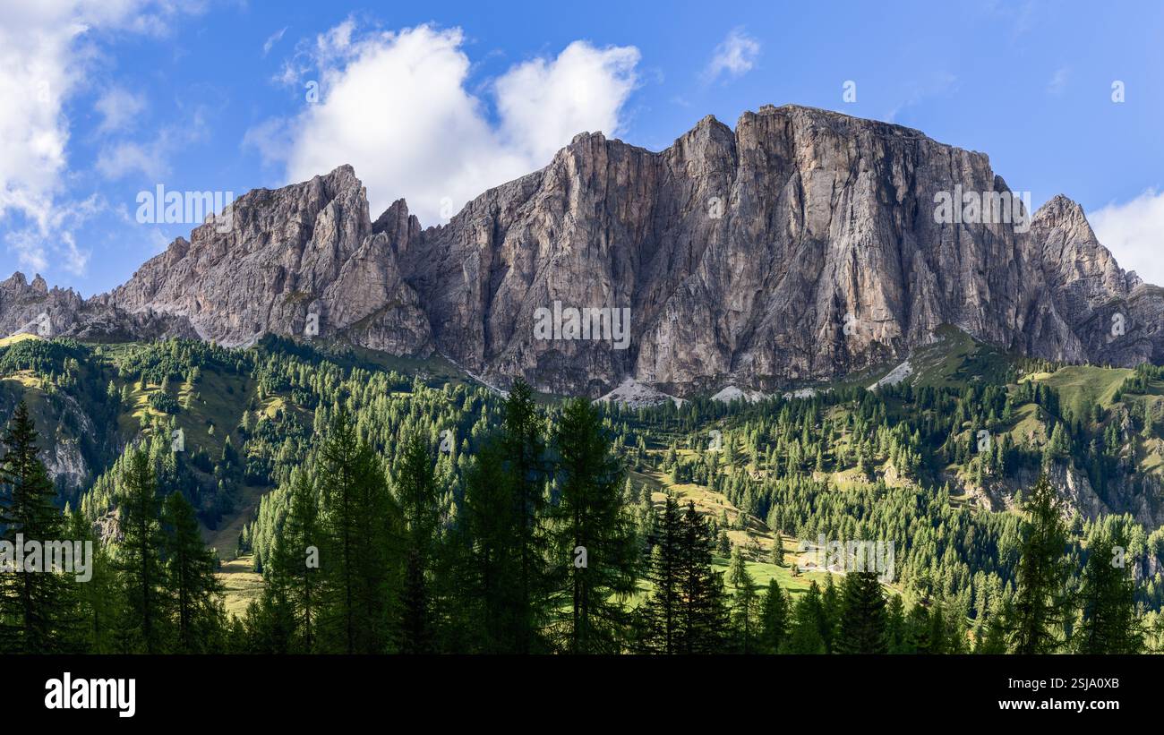 Panoramic view of a dramatic Dolomite mountain ridge in the Italian ...