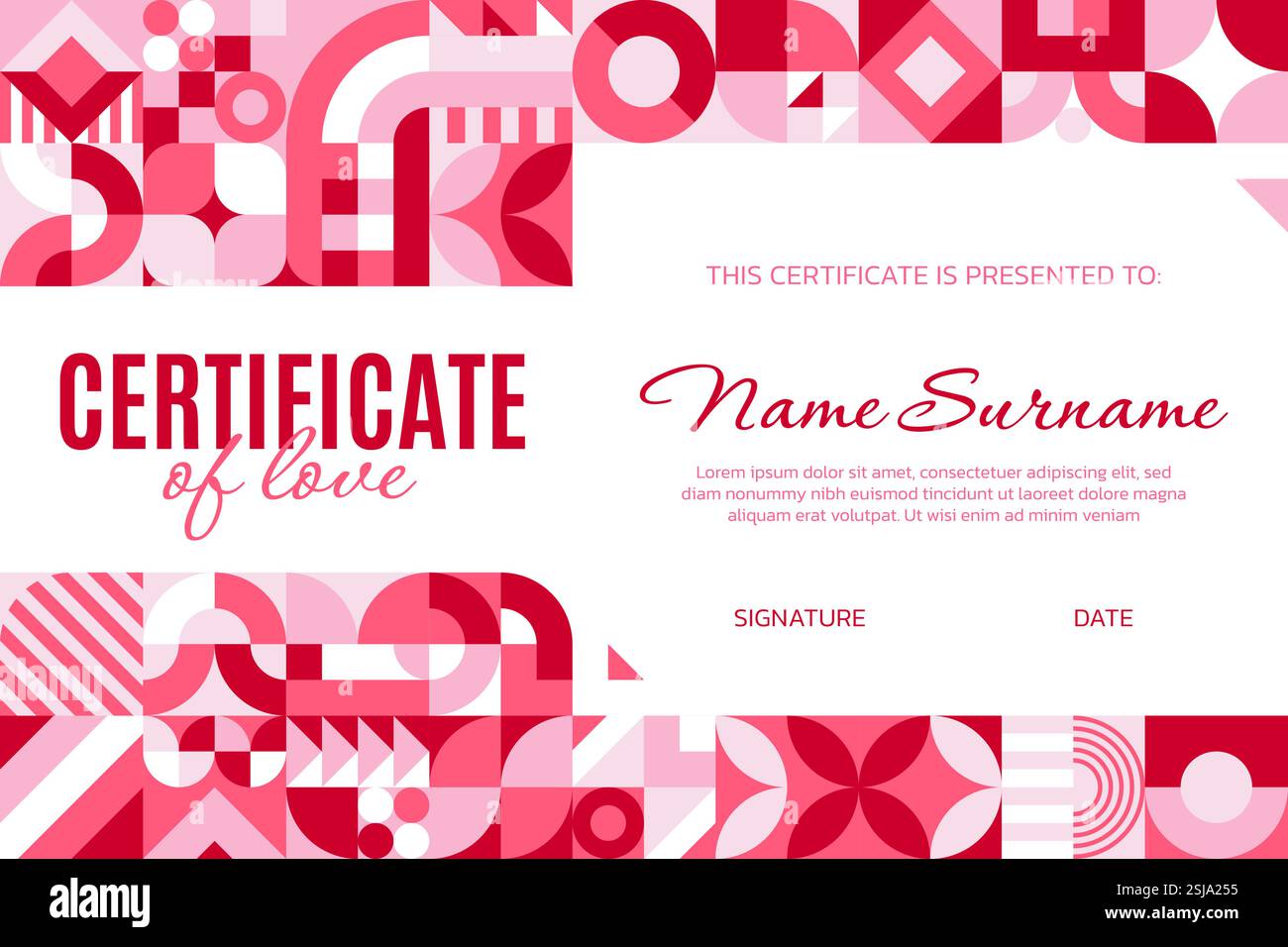 Valentines day certificate diploma with geometric shapes. Vector red or ...