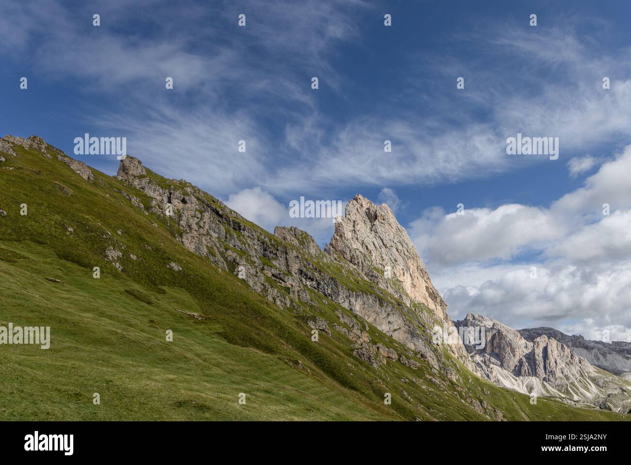 Expansive shot of the iconic Seceda plateau meadow in Italy’s Dolomites ...