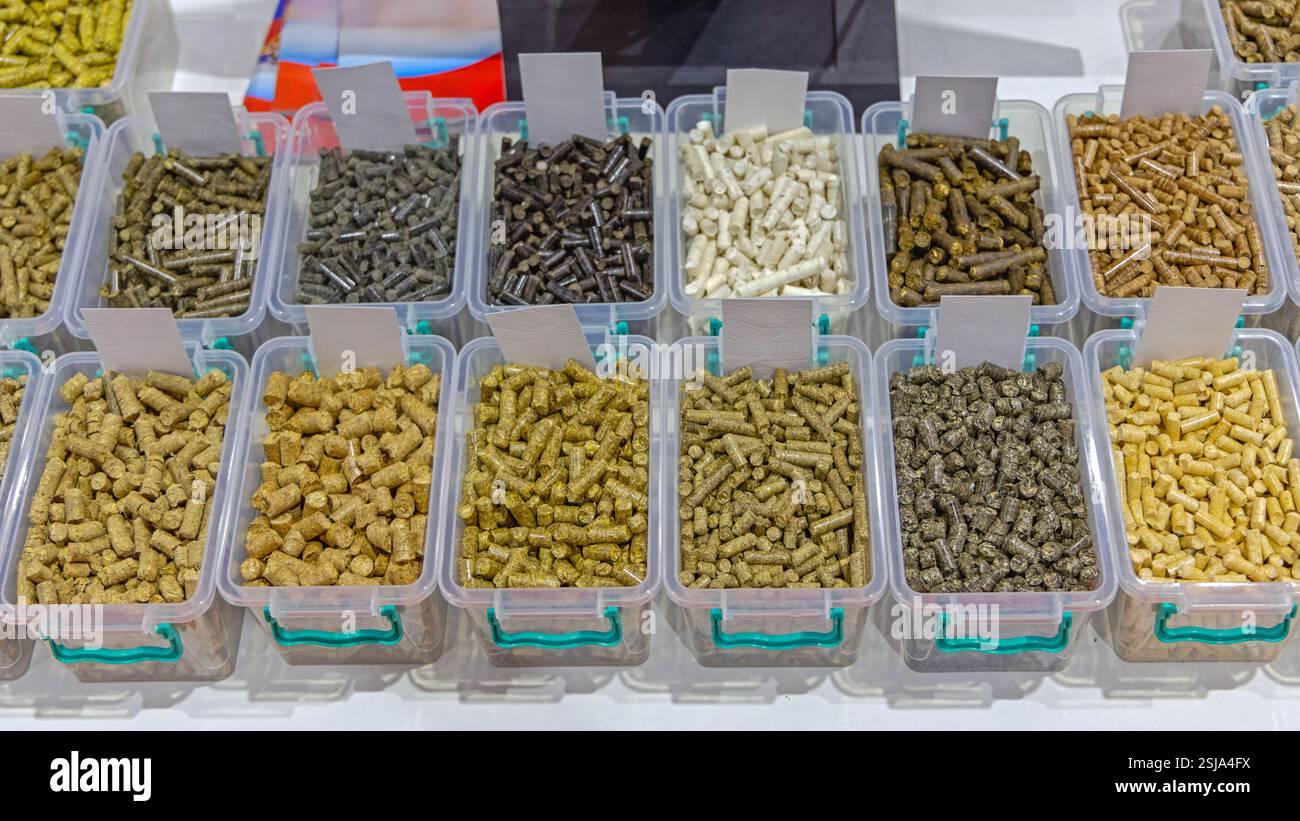 Boxes of Pellet Made From Different Material Sources Samples Stock ...