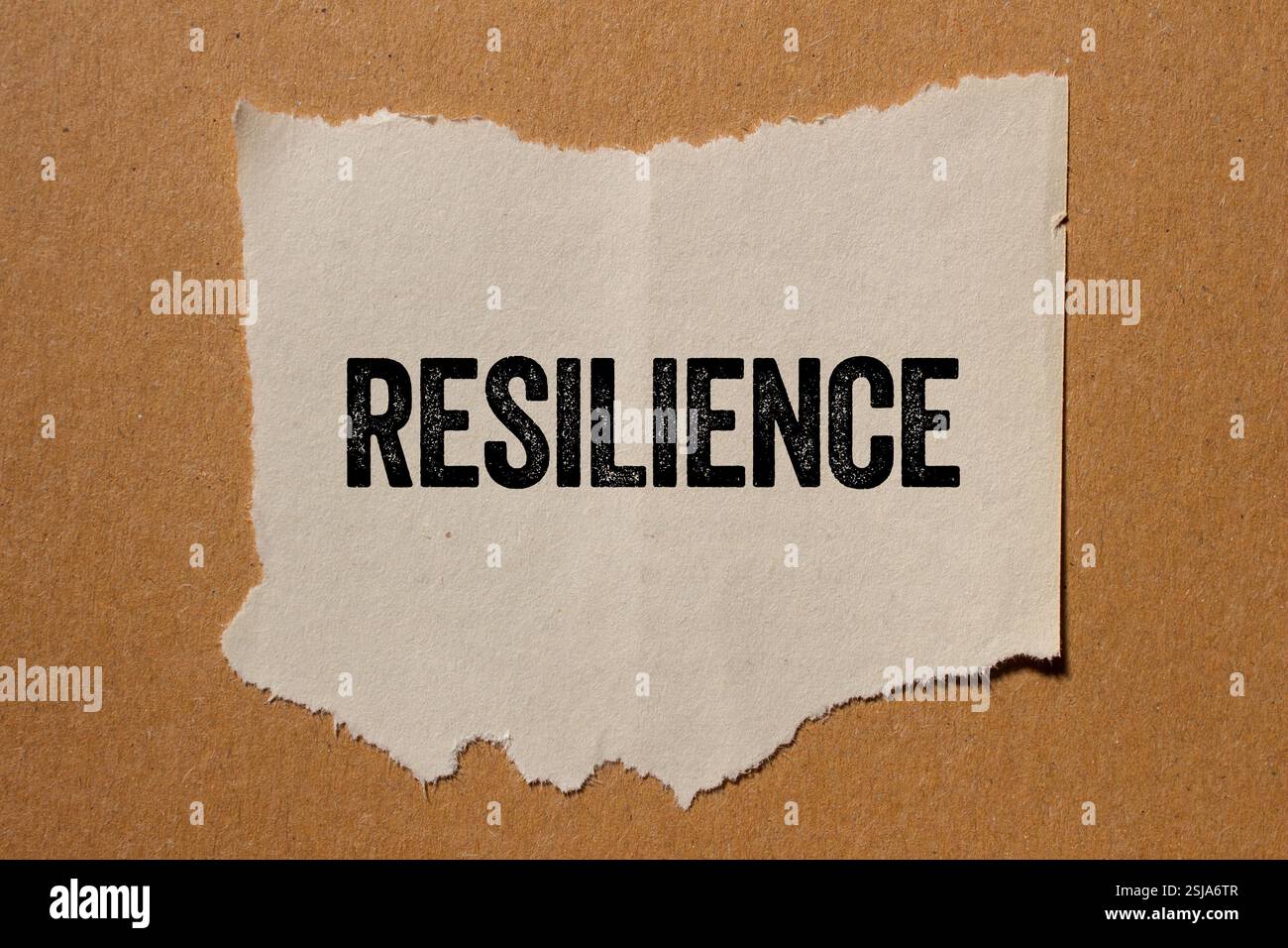 Resilience message written on ripped torn paper piece on brown ...