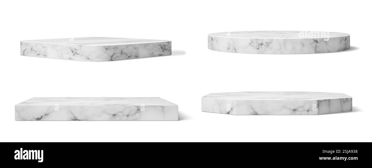Realistic marble podium stands, square and round column platforms ...