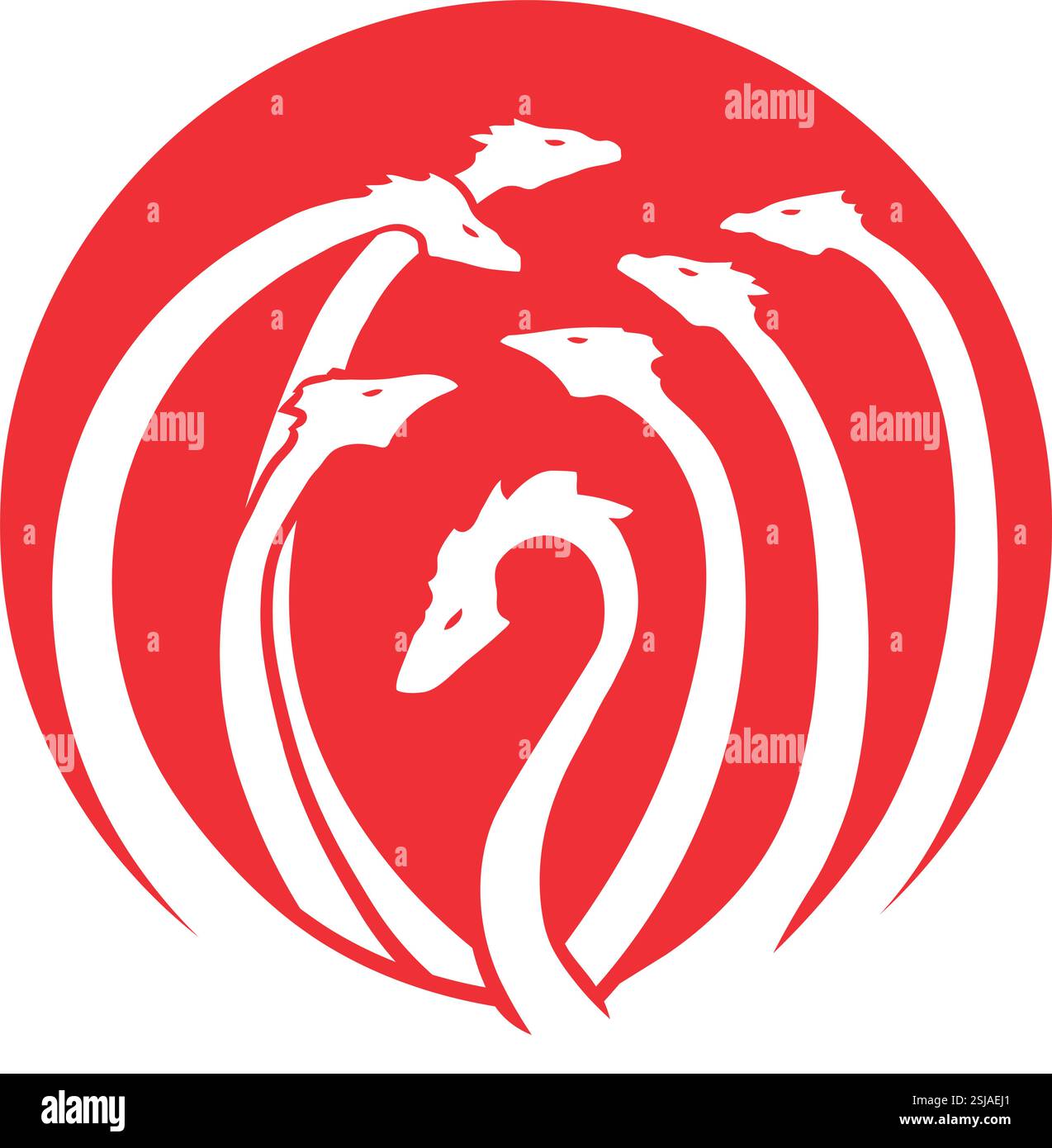 White silhouette of Hydra creature with multiple heads on red ...