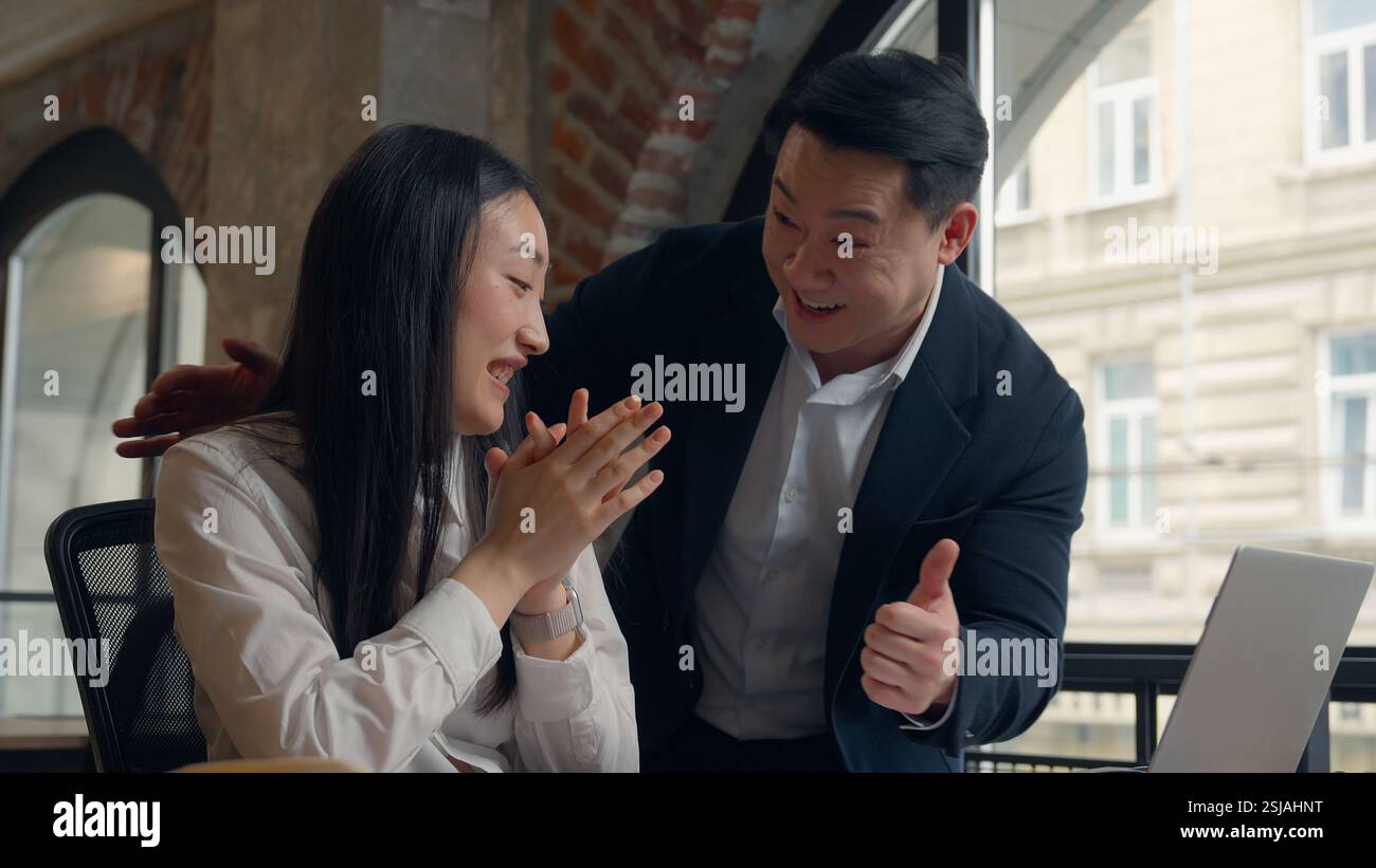 Asian woman Korean girl office intern businesswoman paperwork laptop ...